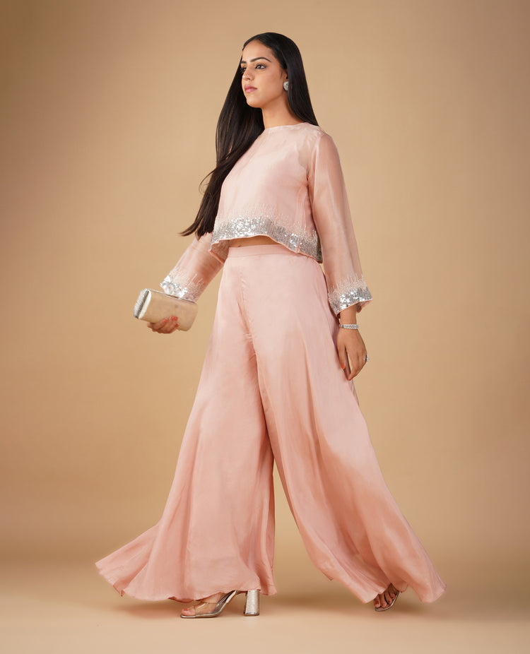 Grey Colour Crepe Silk Crop Top Plazo Set & Embroidered Jacket ...