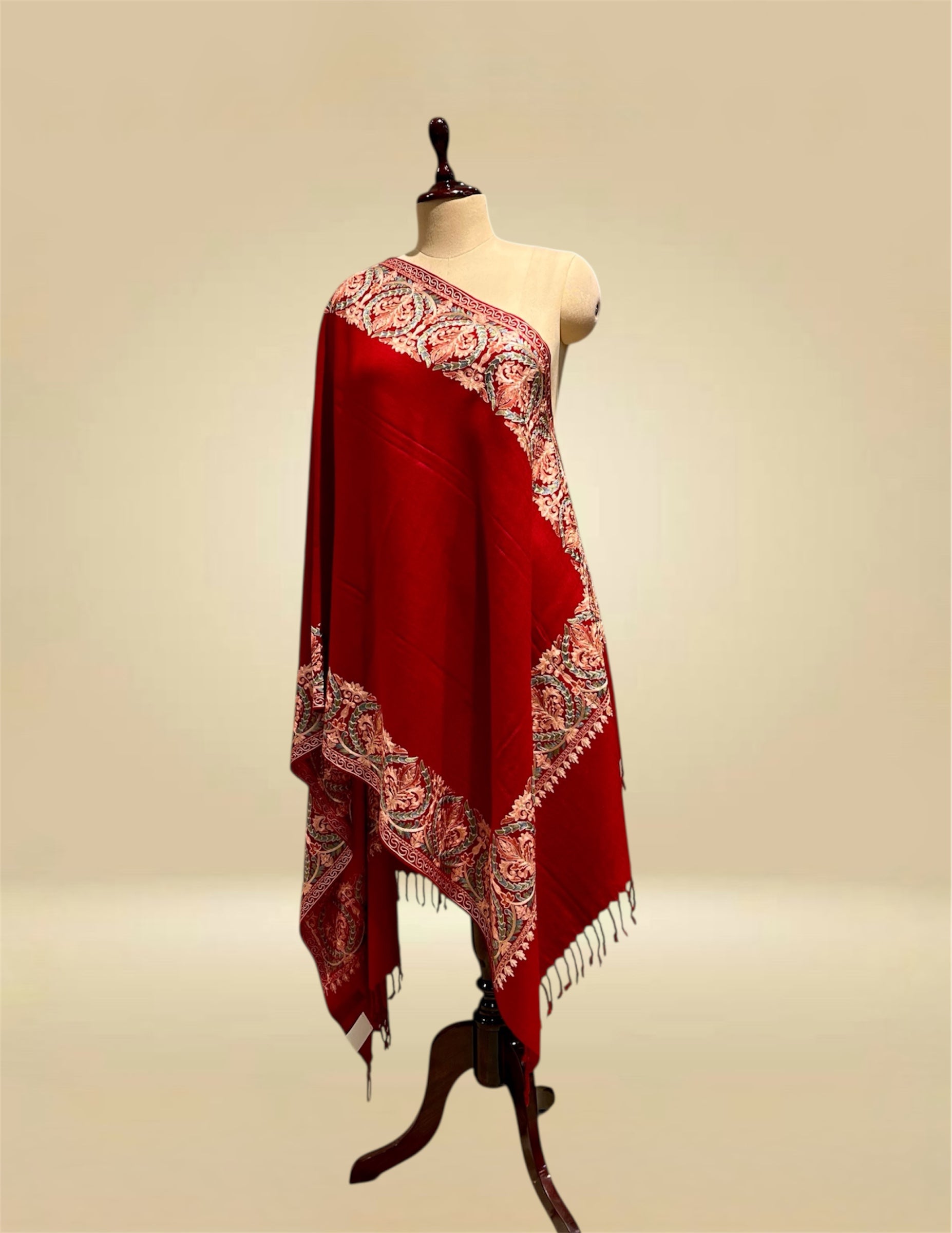 RED WOOLLEN SHAWL WITH KASHMIRI RESHAM EMBROIDERED BORDER – Kothari Sons